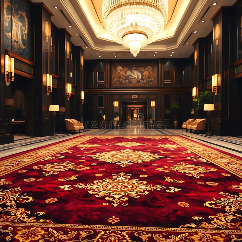 A Rich Deep Colored Oriental Rug Laid in a Luxurious Hotel Lobby with ...