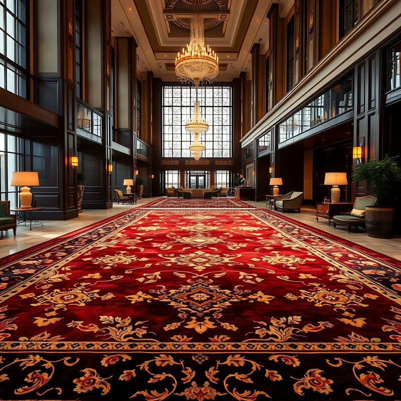 A Rich Deep Colored Oriental Rug Laid in a Luxurious Hotel Lobby with ...