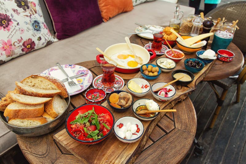 Rich and Delicious Turkish Breakfast on a Round Table Stock Photo ...