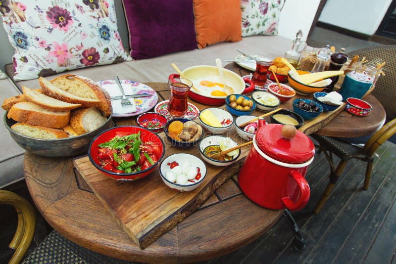 Rich and Delicious Turkish Breakfast on a Round Table Stock Photo ...