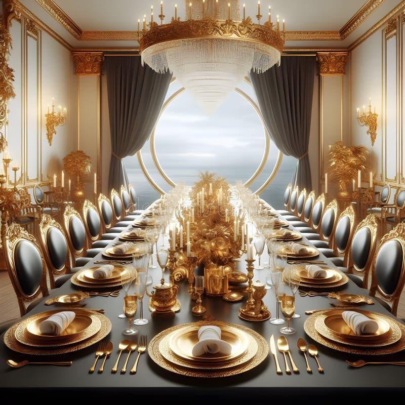 Rich Dinner Table Room. Everything Made of Gold, Big Table for ...