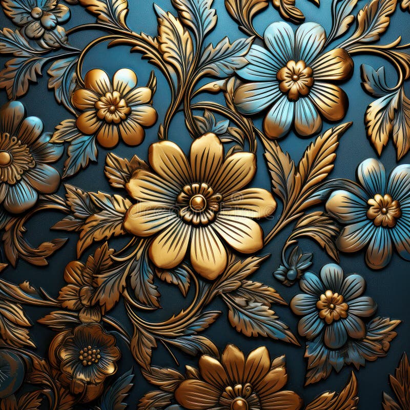 Golden Blooms Embossed on Blue. AI Generation Stock Photo - Image of ...