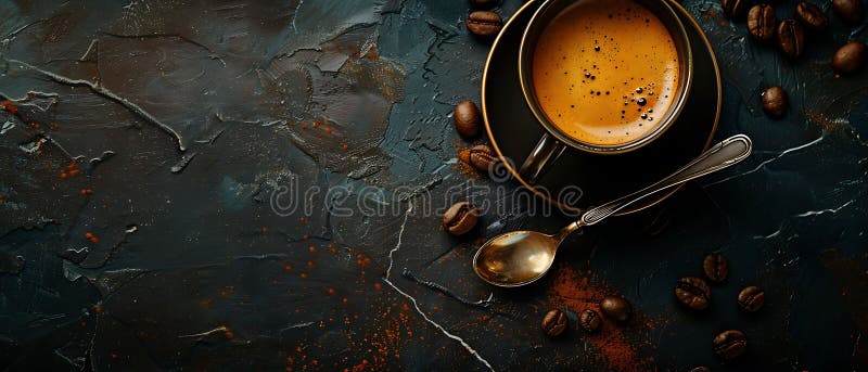Rich Espresso Coffee Cup on Dark Marble Surface with Coffee Beans and ...