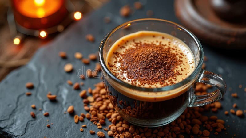 Rich Espresso Coffee in Glass Cup with Coffee Beans on Rustic Slate ...