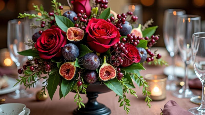 Rich Floral Centerpiece Red Roses Figs Berries Elegant Dining Table ...
