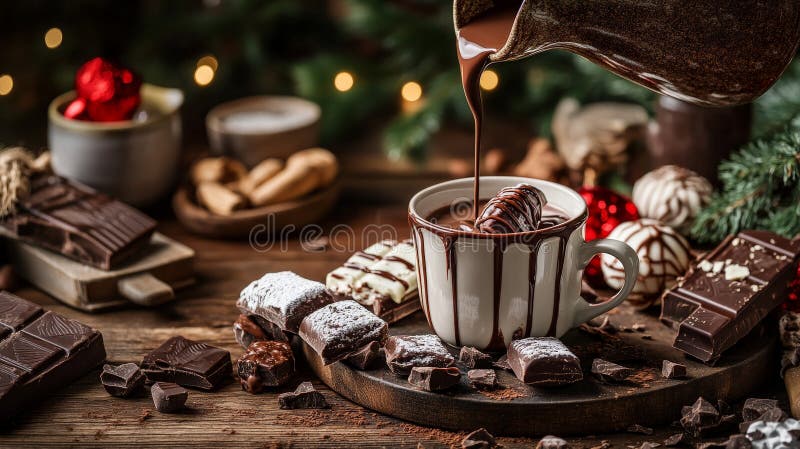 Rich Hot Chocolate with Festive Sweets on Wooden Table Stock Photo ...