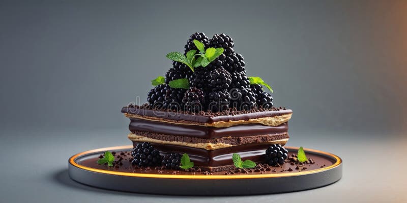 A Rich Layered Chocolate Dessert Garnished with Fresh Blackberries and ...