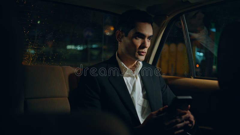 Rich Man Calling Smartphone in Business Car Closeup. Director Making ...