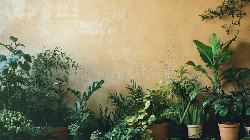 A Rich Mix of Greenery Against a Subtle Earth-toned Wall. Stock Photo ...