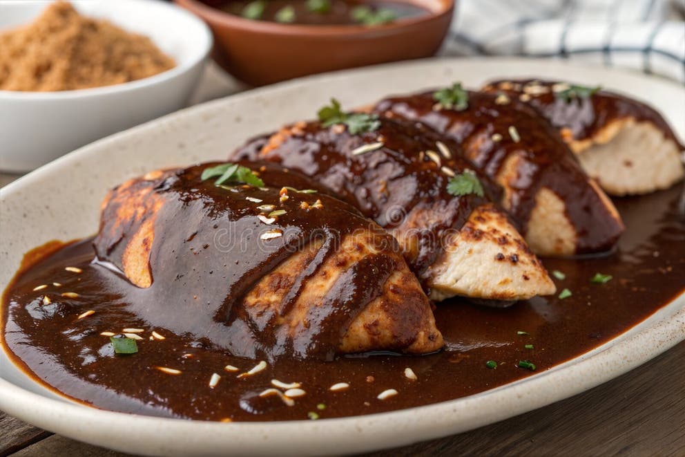Rich Mole Poblano Sauce Over Tender Chicken Pieces Stock Illustration ...