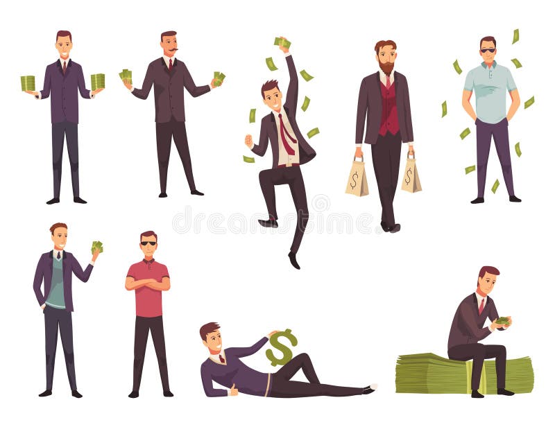 Rich People Flat Cartoon Comic Elements Set, Millionaire Man Money ...