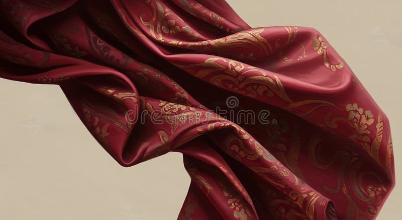 Rich Red Fabric with Golden Floral Patterns Drapes Elegantly, Creating ...