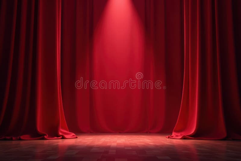 Rich Red Velvet Drapes, Single Spotlight on Empty Stage , Shadow ...
