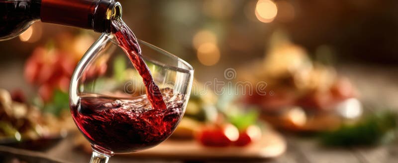 The Rich Red Wine Pouring into a Glass Against a Beautifully Set Dining ...