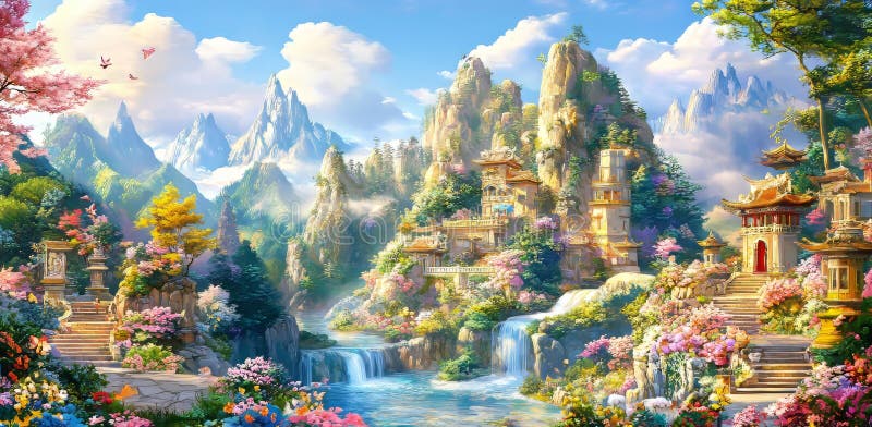 A Rich Tropical Paradise River Flows by a Volcanic Mountain Stock Photo ...