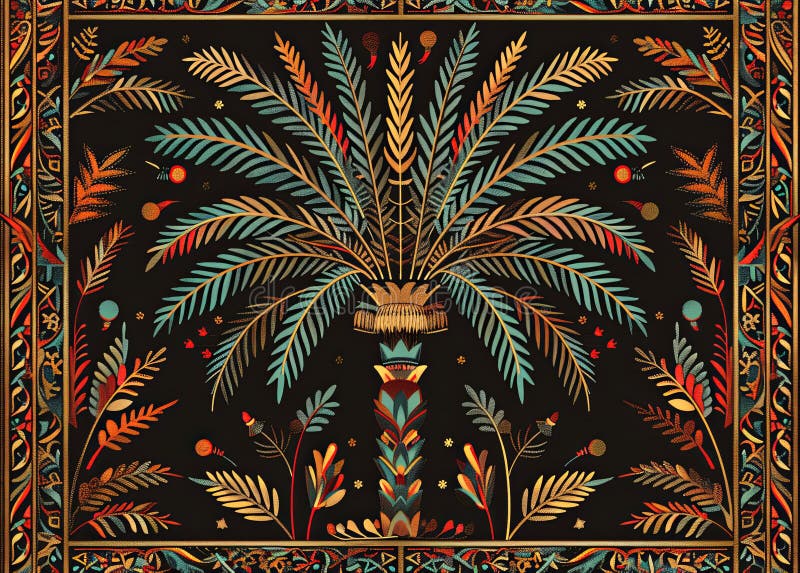 Richly Colored Palm Tree Pattern with Traditional Folk Art Motifs ...