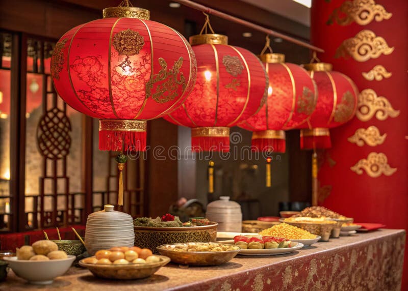 Richly Decorated Chinese Table with Bite-sized Snacks and Traditional ...