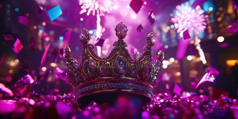 Celebratory Crown Surrounded by Colorful Confetti and Fireworks in a ...