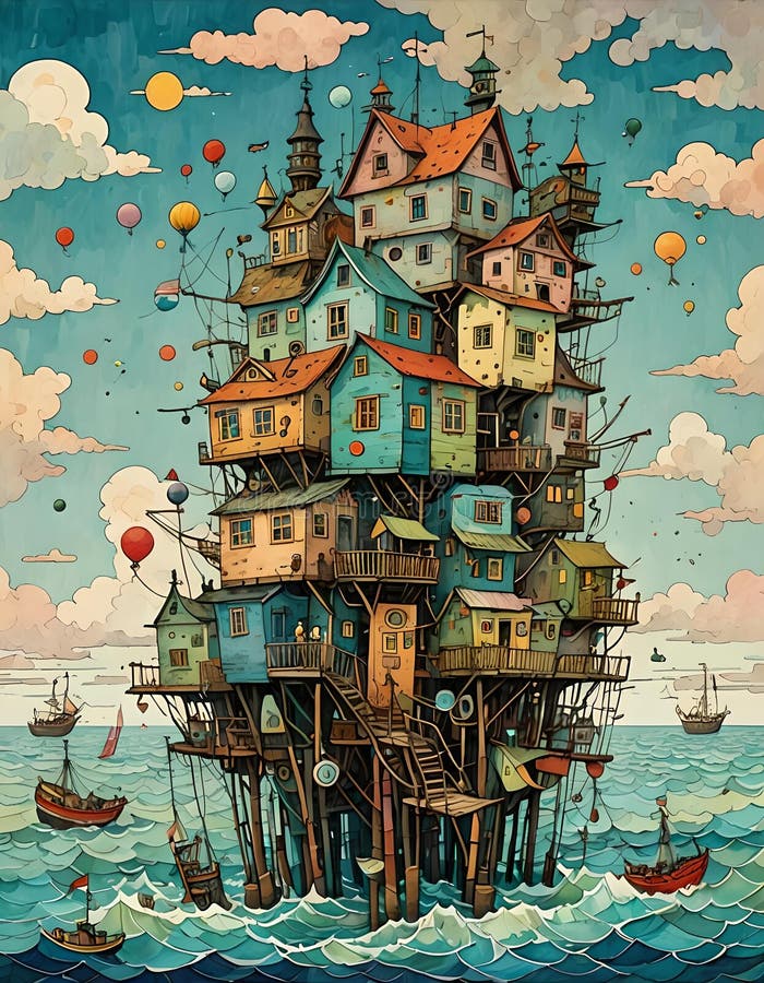 A Rickety Town on Stilts in the Middle of a Sea 6222x7999px (Ai-art ...