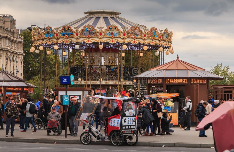 Rickshaw Parked in Front of the Carousel of the Eiffel Tower Editorial ...