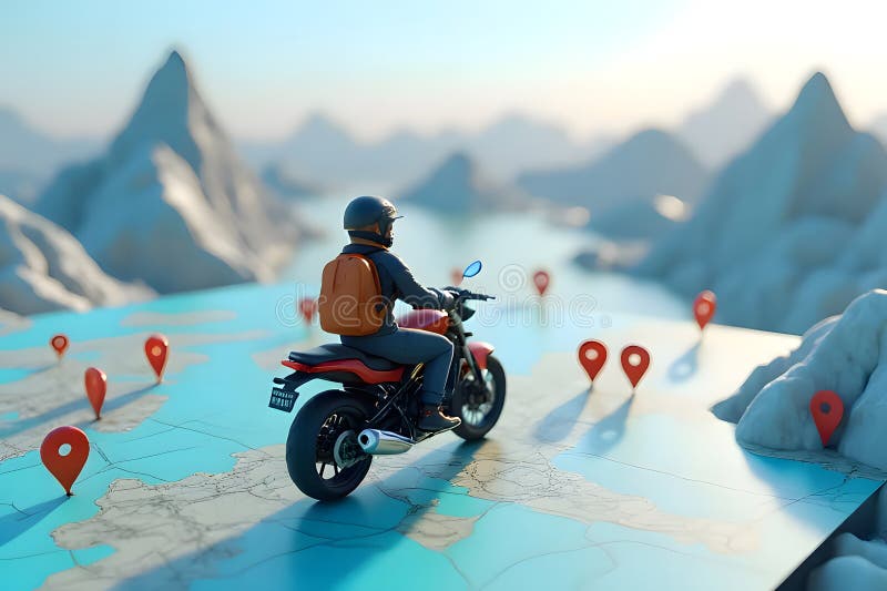Rider Drives His Motorcycle Along GPS with Many Pins in the Map Stock ...