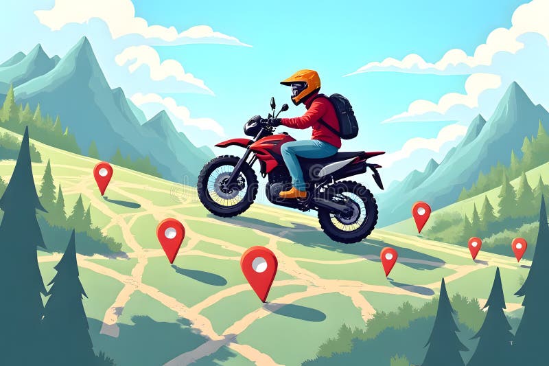 Rider Drives His Motorcycle Along GPS with Many Pins in the Map Stock ...
