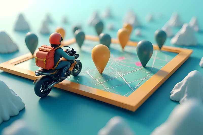 Rider Drives His Motorcycle Along GPS with Many Pins in the Map Stock ...