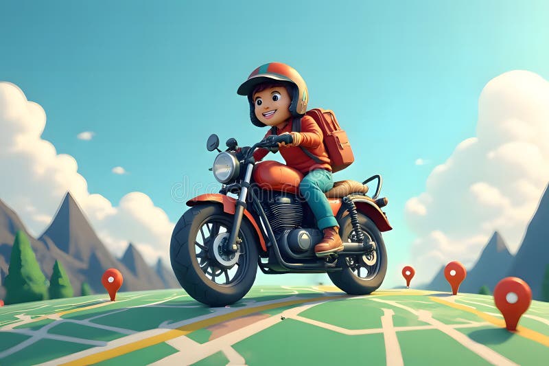 Rider Drives His Motorcycle Along GPS with Many Pins in the Map Stock ...