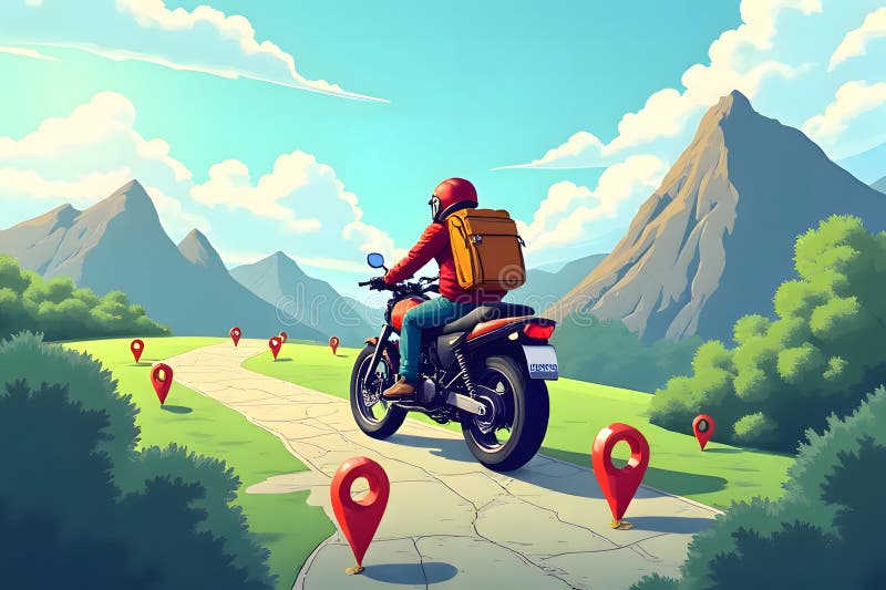 Rider Drives His Motorcycle Along GPS with Many Pins in the Map Stock ...