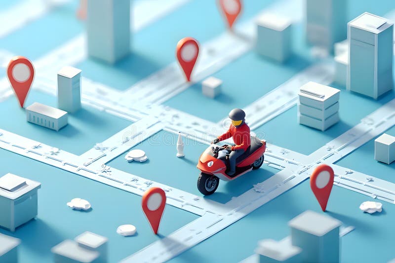 Rider Drives His Motorcycle Along GPS with Many Pins in the Map Stock ...