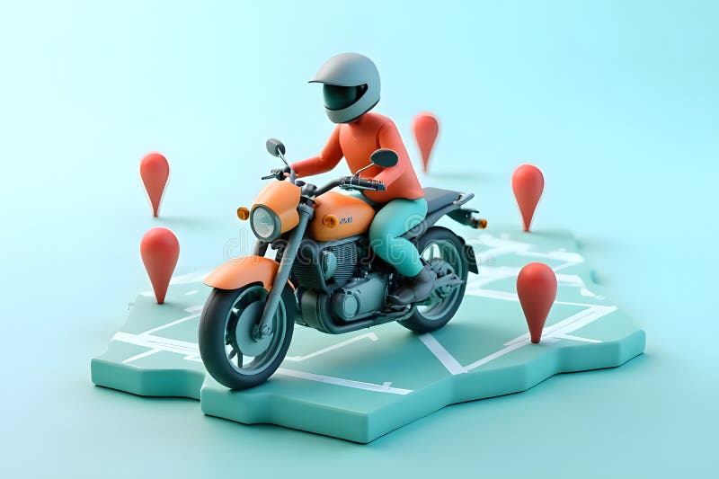 Rider Drives His Motorcycle Along GPS with Many Pins in the Map Stock ...