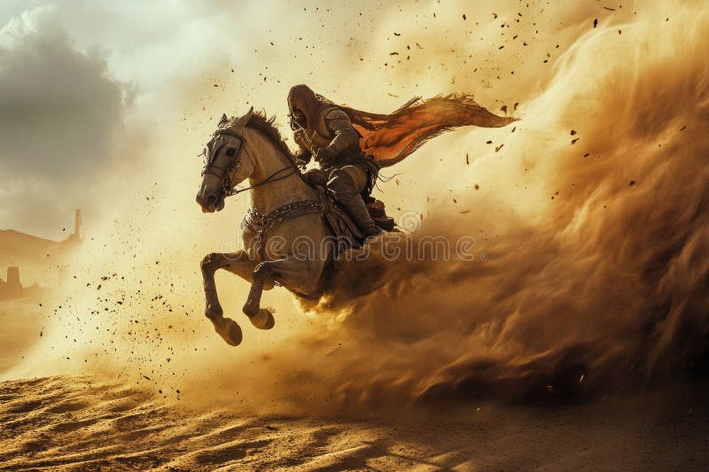 A Rider on Horseback is Caught in a Powerful Sandstorm, Battling ...