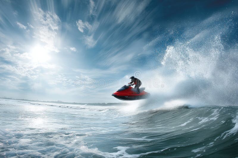 Rider Leaps Over Ocean Wave on Jet Ski with Dynamic Speed Lines and ...