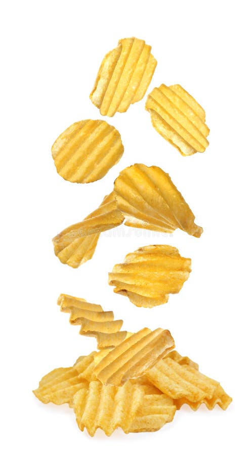 Ridged Crispy Potato Chips Falling into Heap on White Background Stock ...