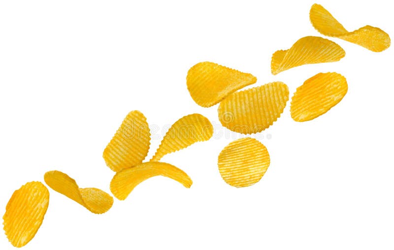 Ridged Potato Chips Isolated on White Fly in Space Forming the Shape of ...