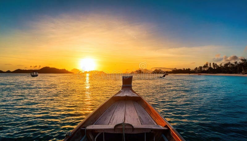 Riding a Boat in a Tropical Sea Island during Sunset Stock Illustration ...