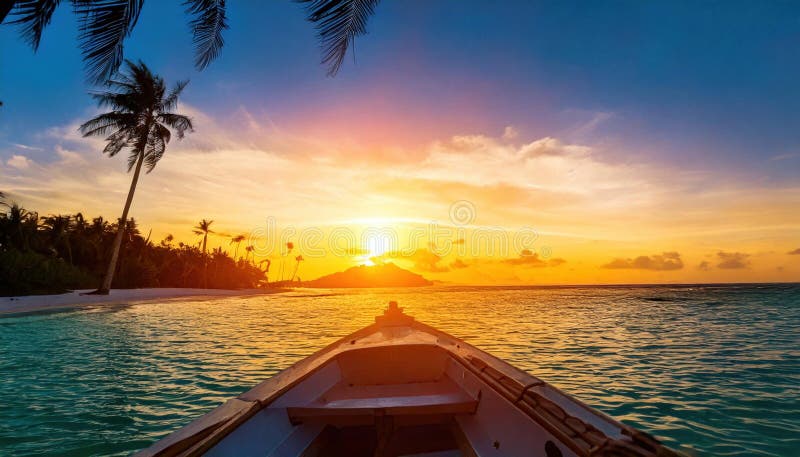 Riding a Boat in a Tropical Sea Island during Sunset Stock Illustration ...
