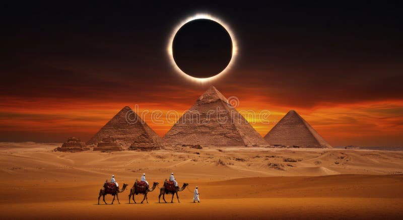 Riding Camels Past Pyramids during Solar Eclipse in Egypt Desert Stock ...