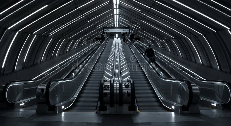 Riding Escalators in Modern Subway Station with Unique Lighting Design ...