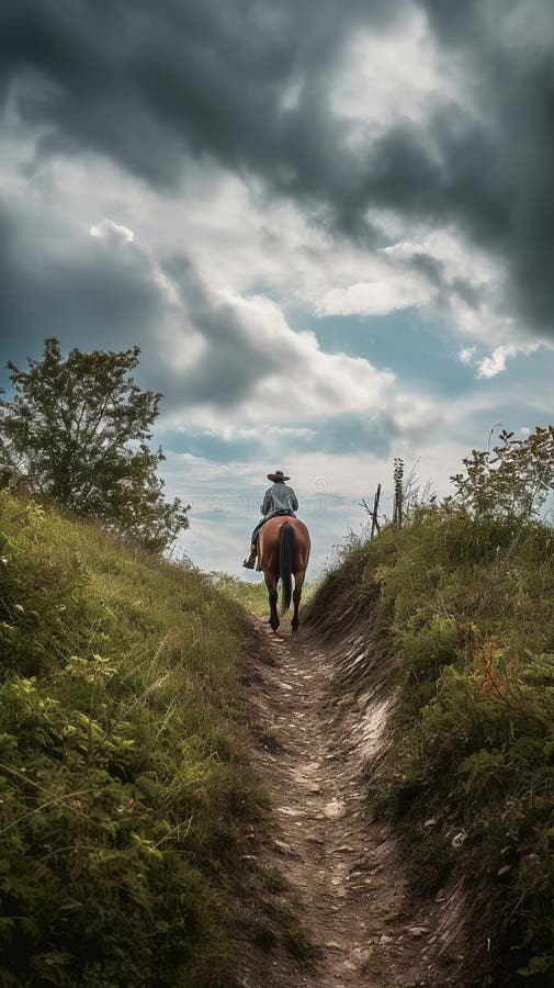 Riding a Horse at the End of the Road in the Distance, Generative AI ...