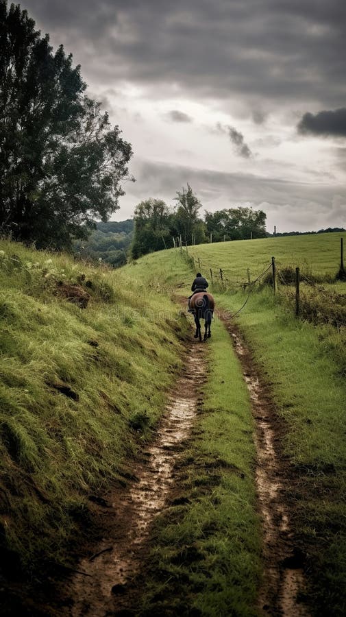 Riding a Horse at the End of the Road in the Distance, Generative AI ...