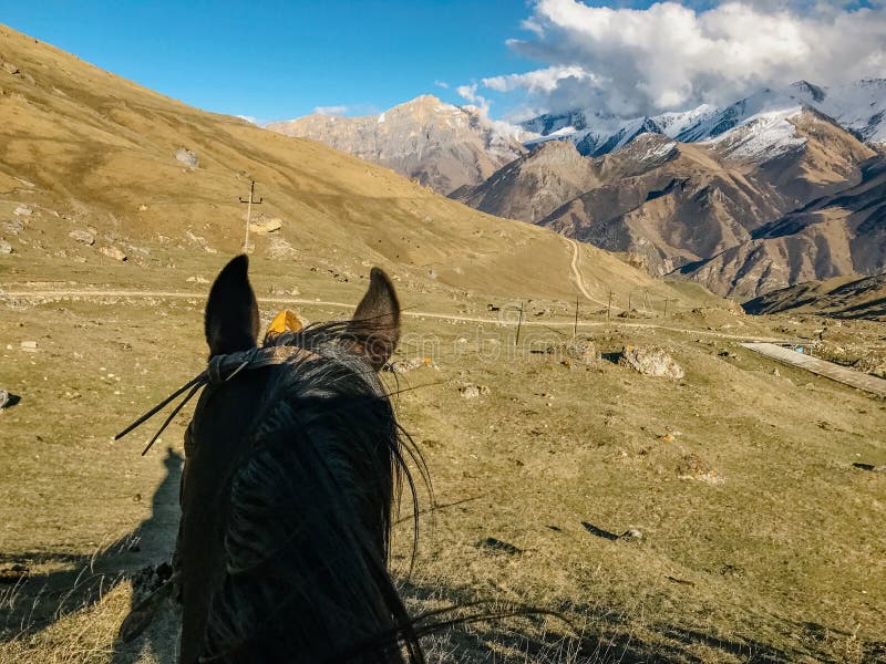 Riding a Horse First Person View and a View of the Mountains Stock ...