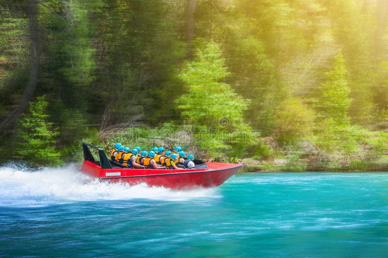 Riding People on a Speedboat on a River at High Speed. Motion Blur ...