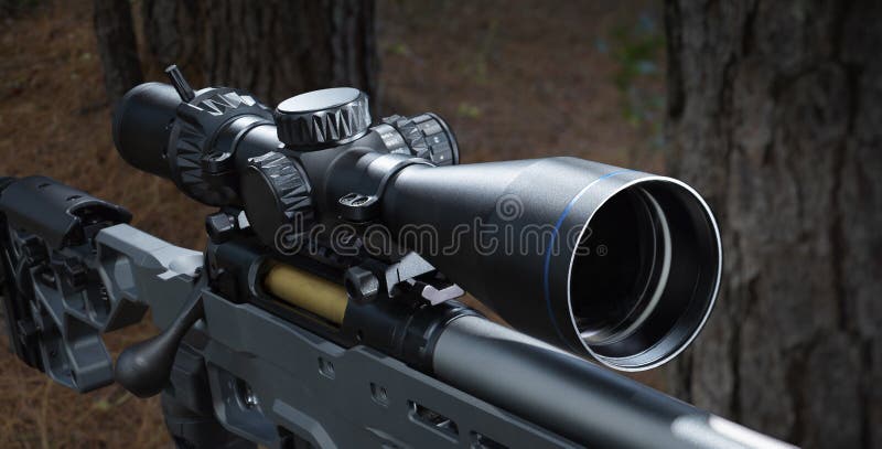 Rifle scope in a forest stock image. Image of black - 201106543