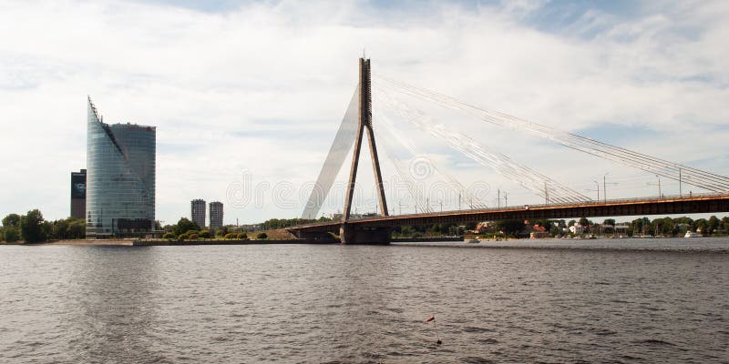 Riga Business District with Cable-stayed Bridge Editorial Photo - Image ...