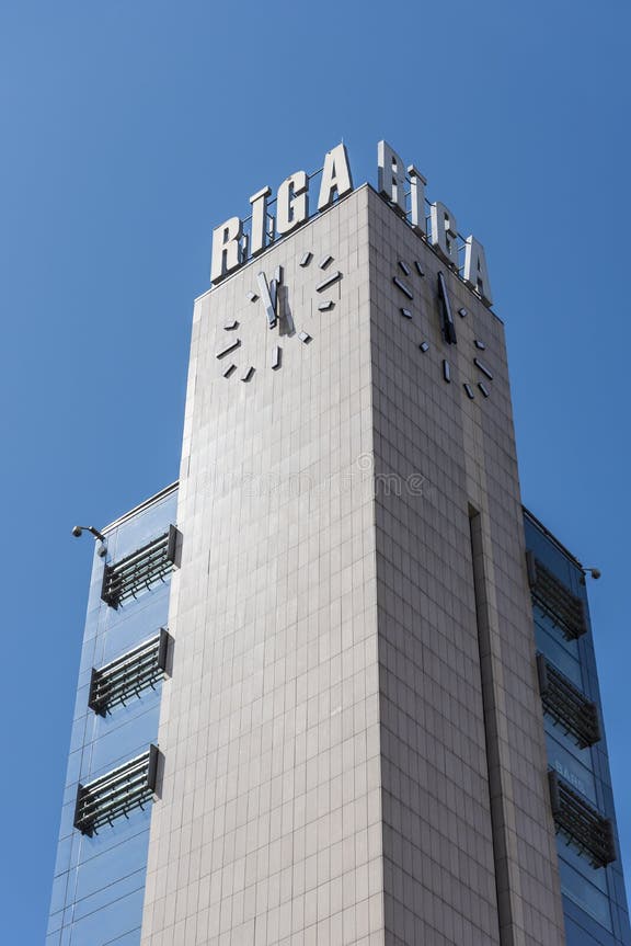 Riga Central Station Clock Tower Stock Photo - Image of landmark ...