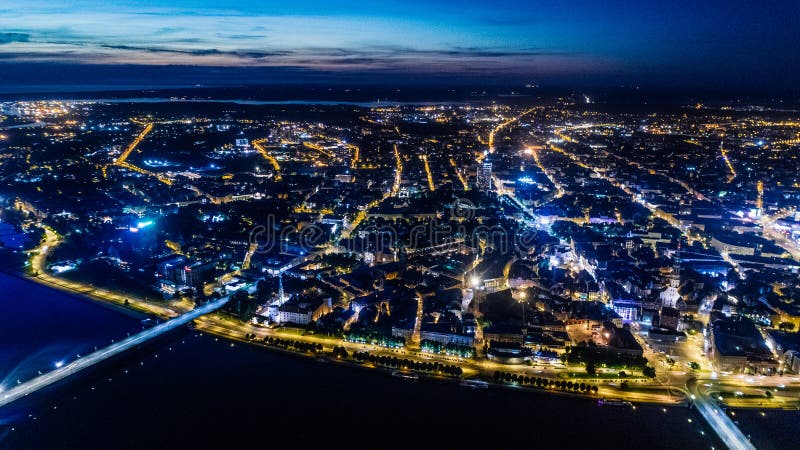 Riga City Night Time Bridge Autumn Drone Flight Stock Photo - Image of ...
