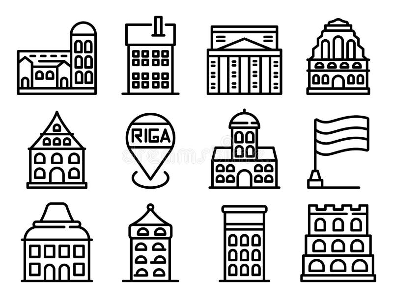 Riga Icons Set, Outline Style Stock Vector - Illustration of bridge ...