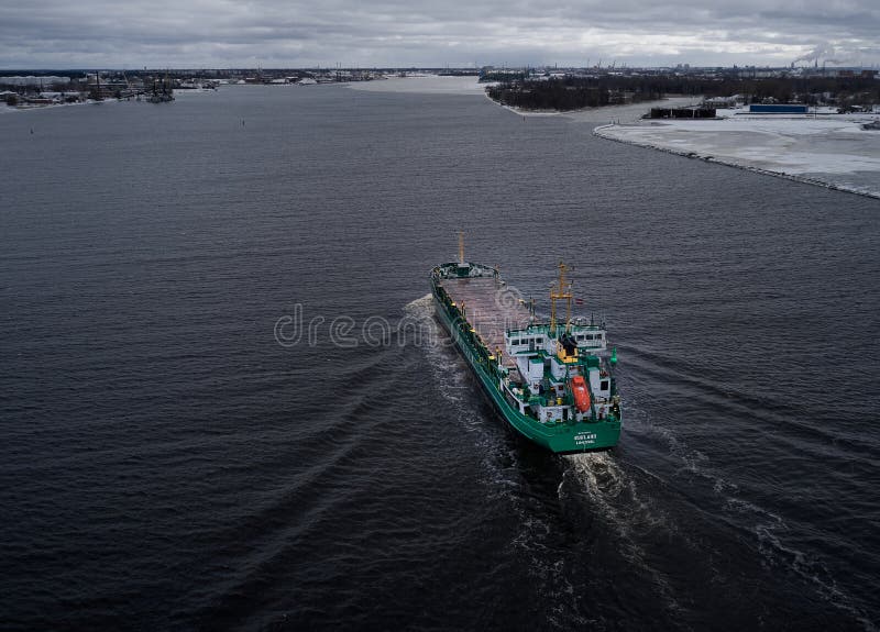 03-02-2021 Riga, Latvia a Container Ship Arriving in Port on a Very ...