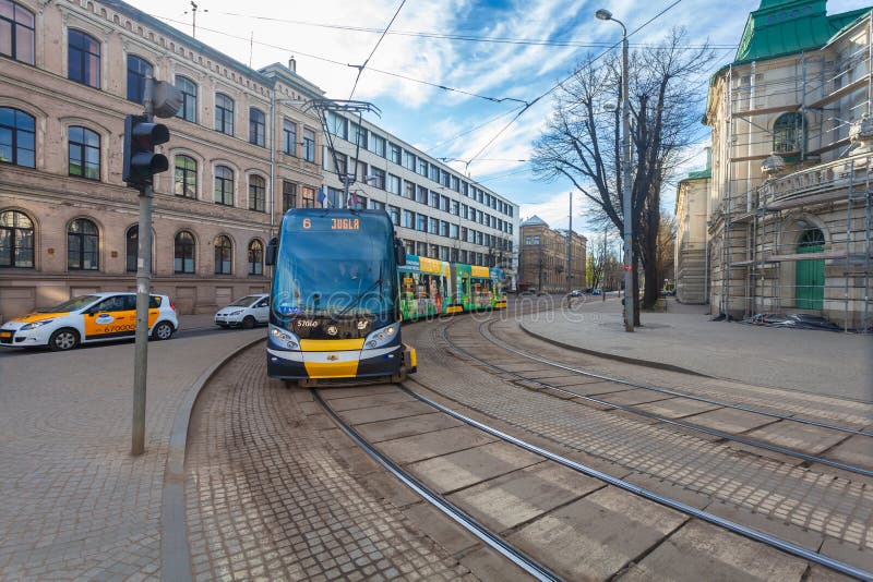 RIGA, LATVIA - MAY 06, 2017: View on Modern Tram is the Part of Public ...